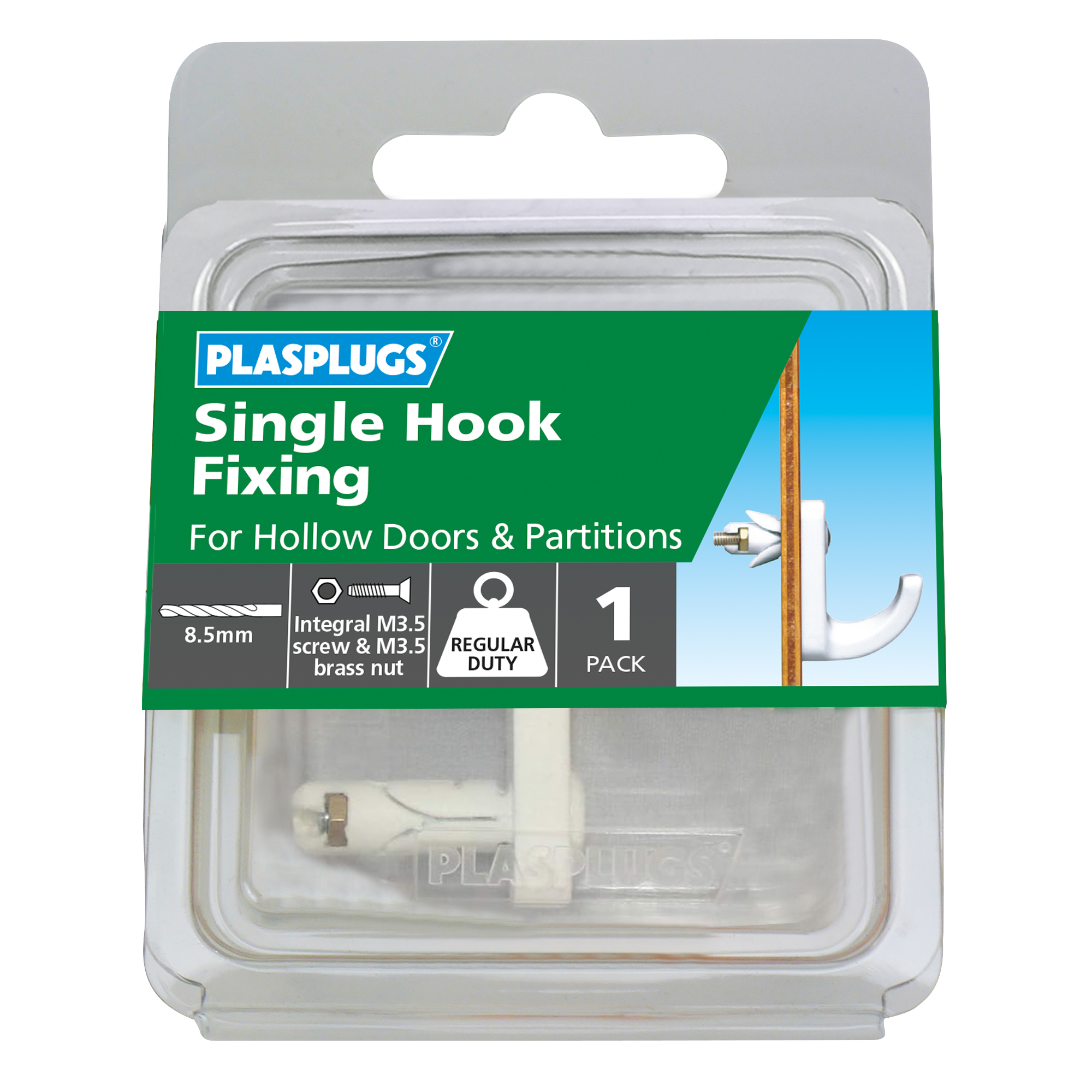 1 Plasplugs Hollow Door Single Fixing Hook